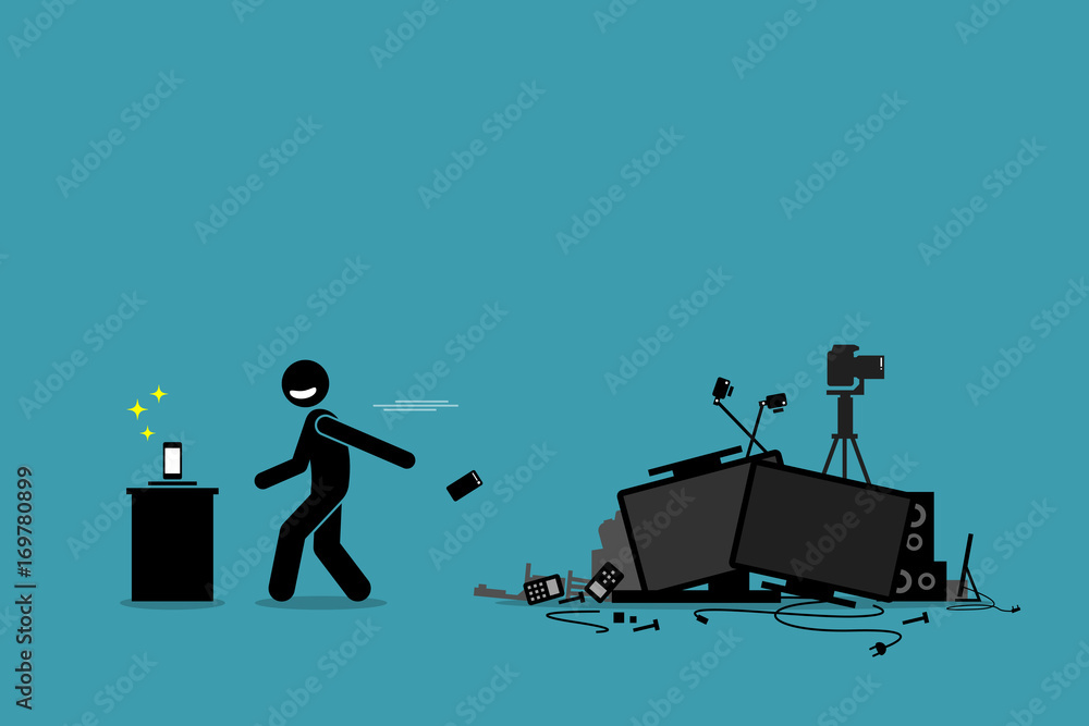 Tech Trash Problem. Vector artwork depicts a man throwing away old ...