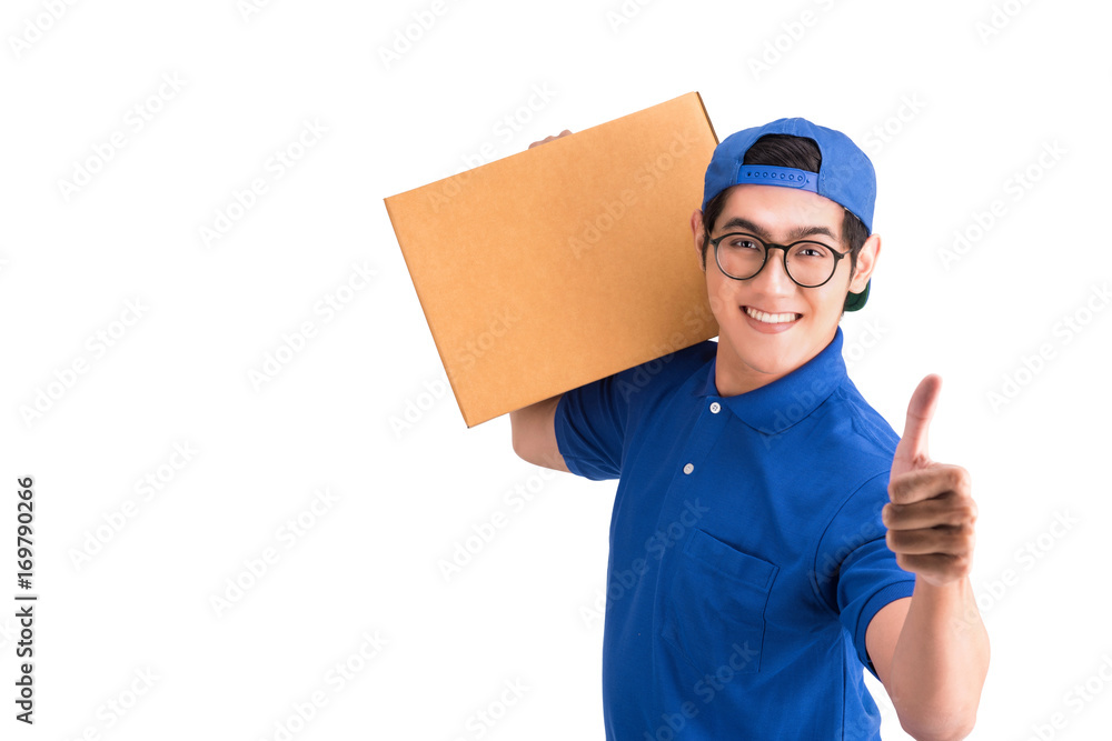 delivery man thumbs up isolated on white with clipping path. Stock ...