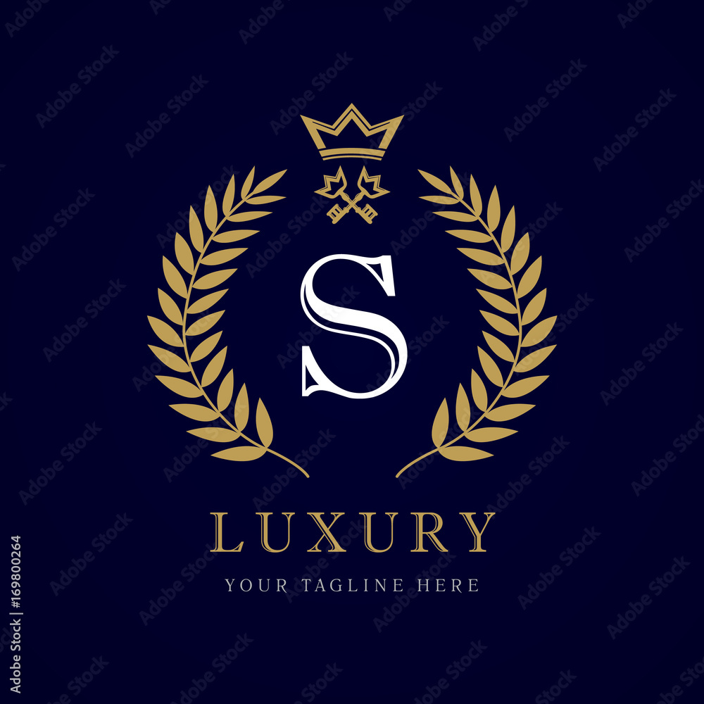 Luxury calligraphic letter S crown and key monogram logo. Laurel ...