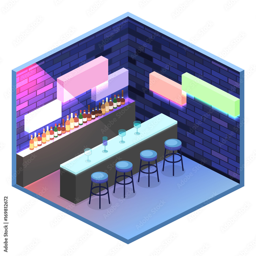 Isometric flat 3D isolated concept vector cutaway Bar in the nightclub ...