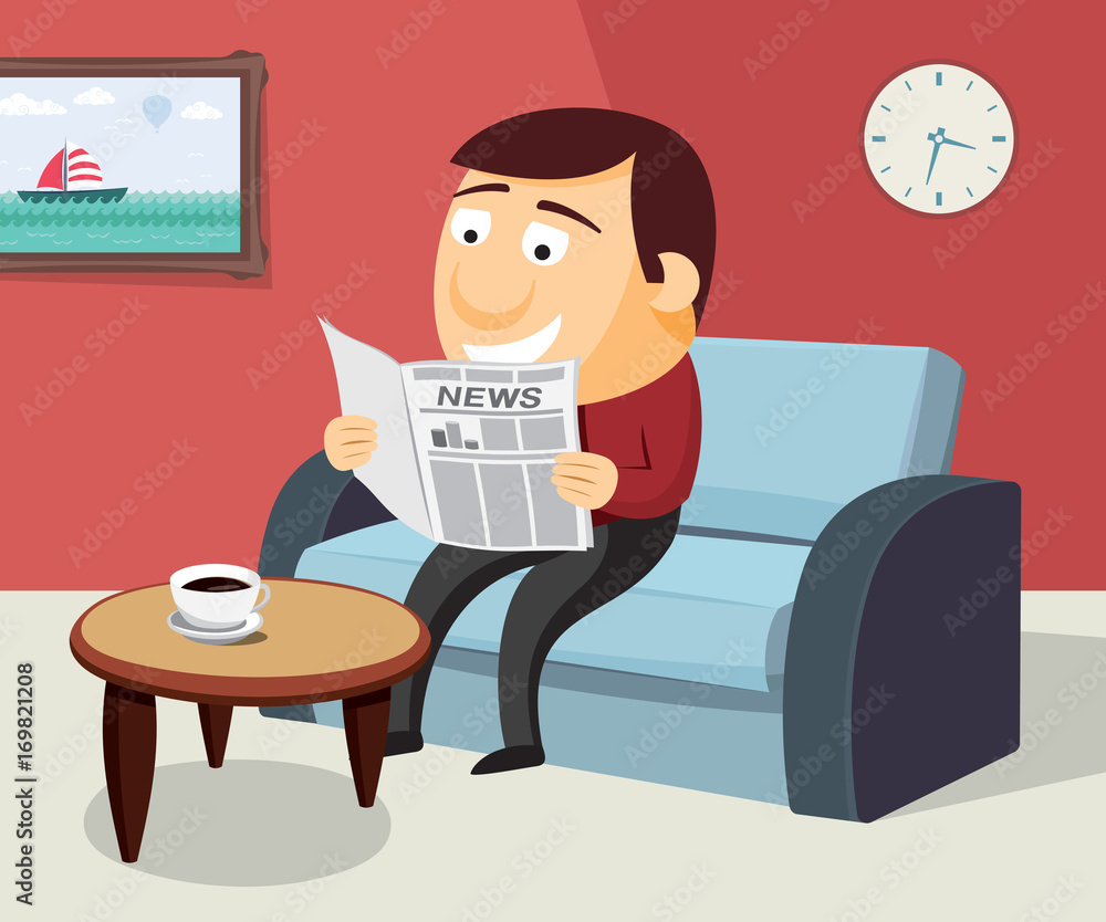 Happy man is reading a newspaper on the sofa in the living room. Simple ...