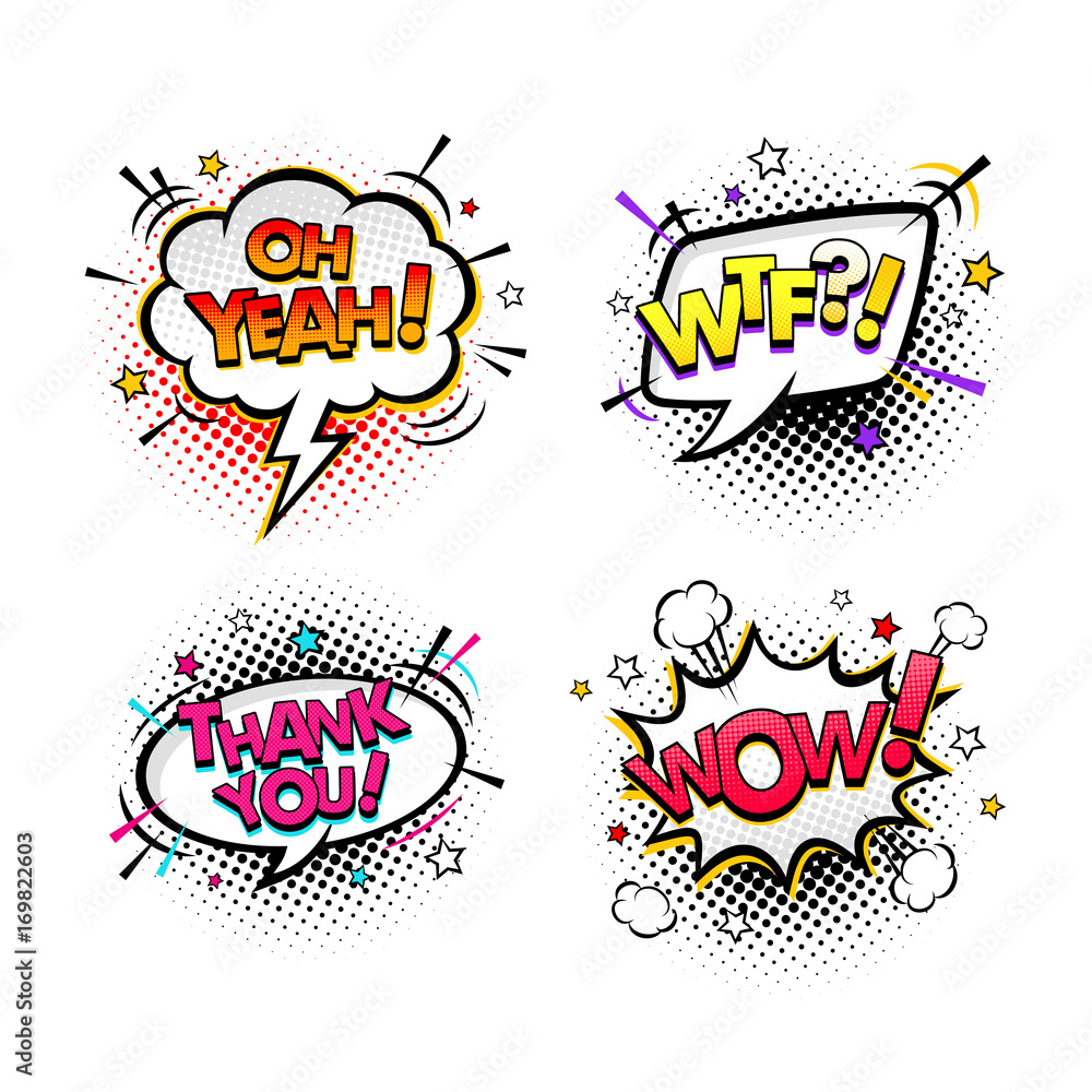 Comic speech bubbles and splashes set with different emotions and text ...