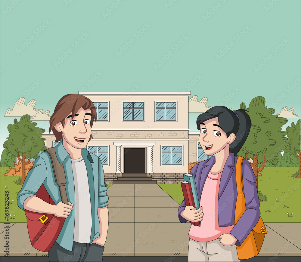 Cartoon students in front of school building. Stock Vector | Adobe Stock