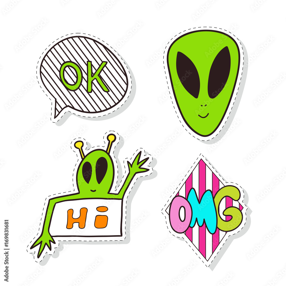 Fashion stickers elements with aliens. Bright vector clip art. Cartoon ...