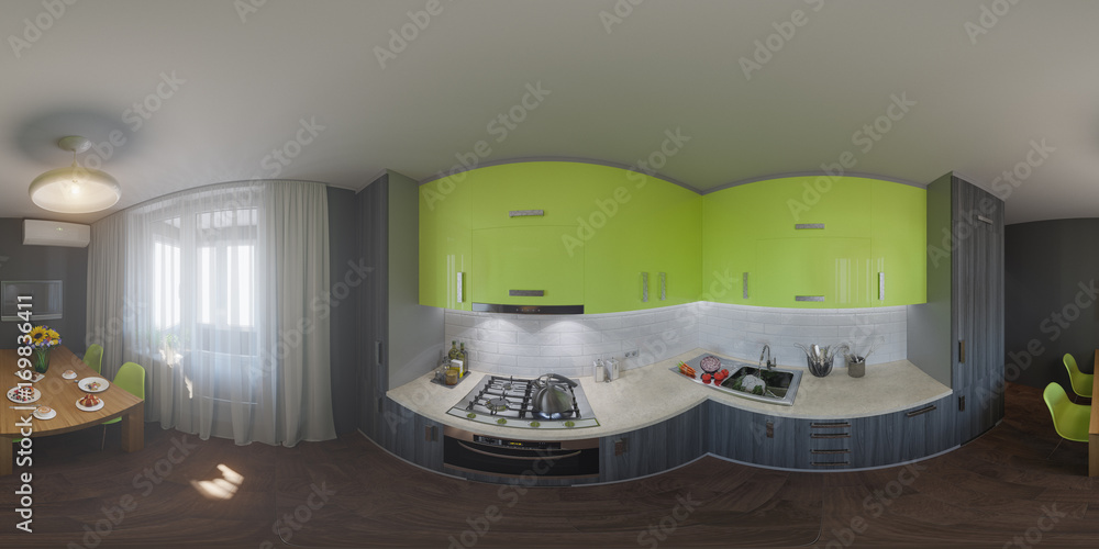 360 panorama of kitchen design. Seamless 3d illustration of interior ...