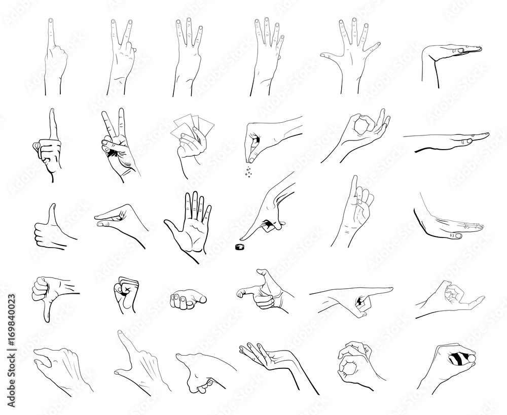 Set of 30 gestures. Woman's hand. Vector outline illustration. Stock ...