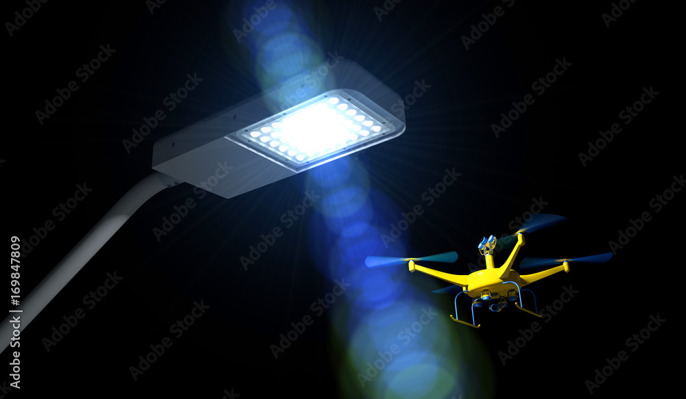 3D render of a UAV drone with top-mounted camera inspecting an LED ...