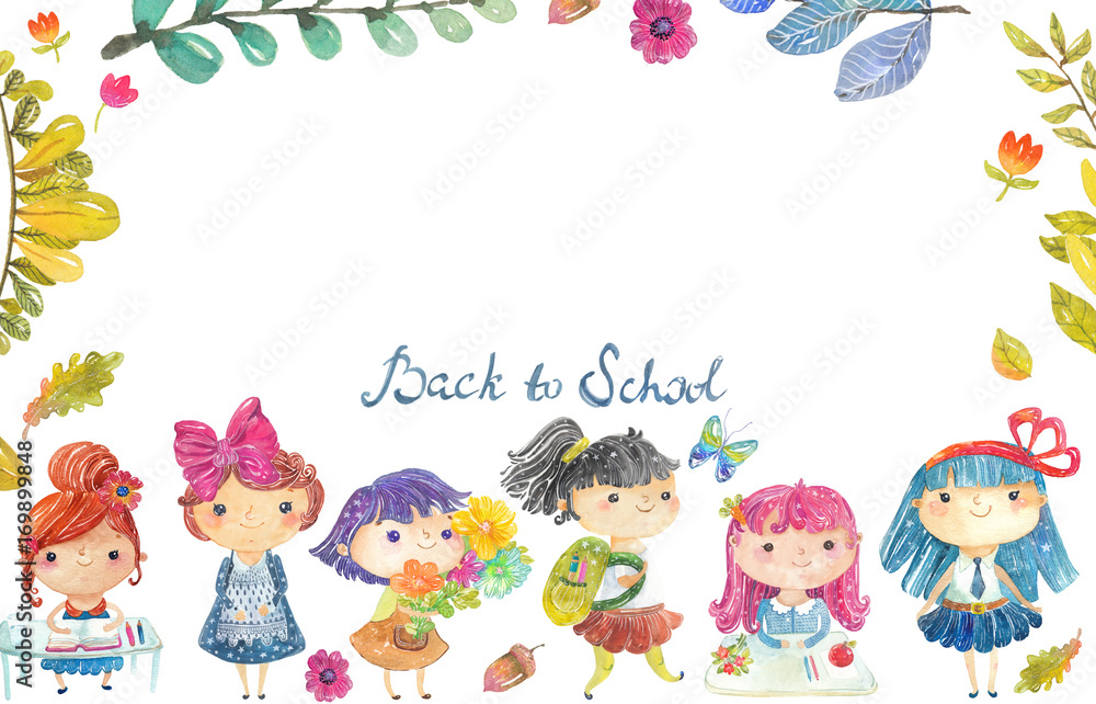 Welcome back to school, Cute watercolor school kids Stock Photo | Adobe ...
