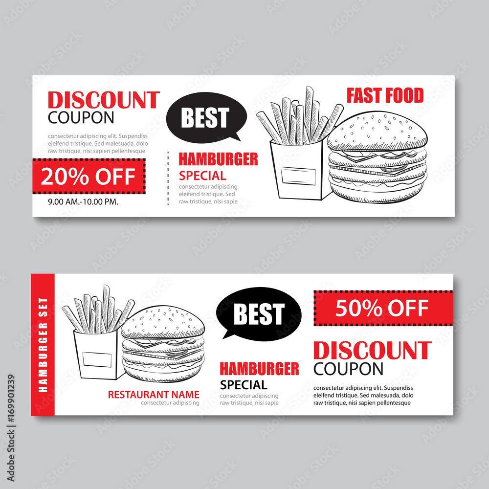 Fast food gift voucher and coupon sale discount template flat design ...