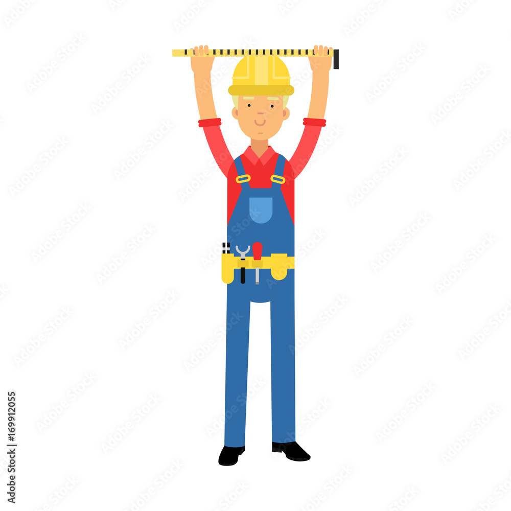 Builder character in overalls with belt with tools measuring on real ...