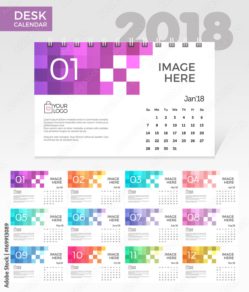 Desk Calendar 2018. Simple Colorful pixels minimal elegant desk ...