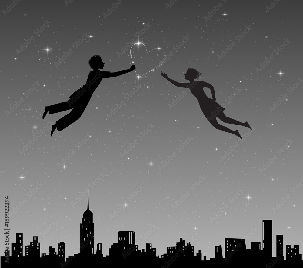 boy and girl flying in night sky Stock Vector | Adobe Stock