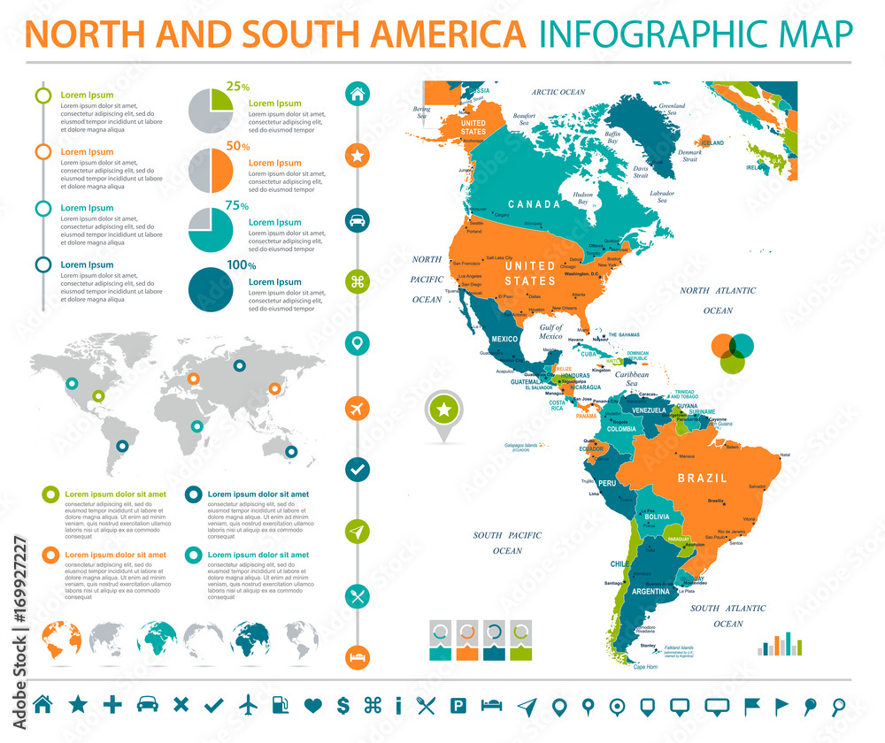 North and South America Map - Info Graphic Vector Illustration Stock ...