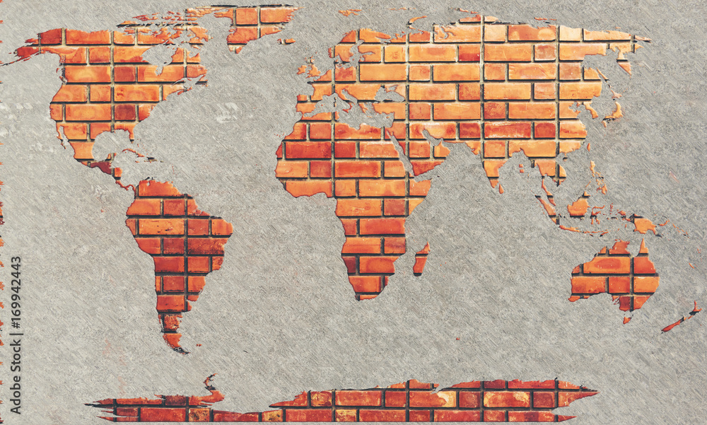 Antique wall with world map.Red Brick wall texture background .Gray ...