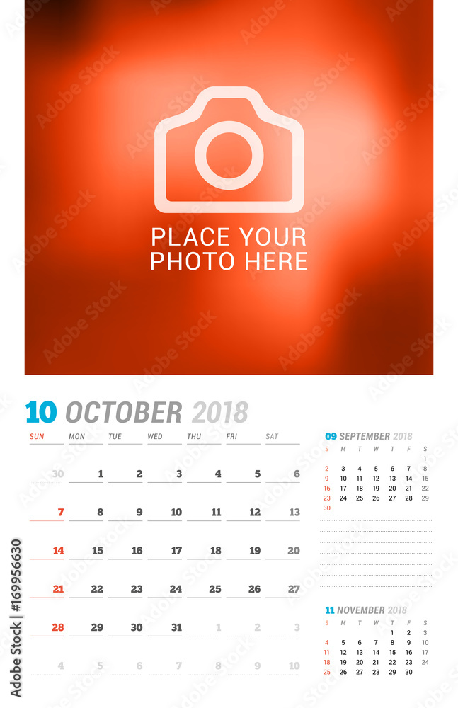 October 2018. Wall calendar planner template. Vector design print ...