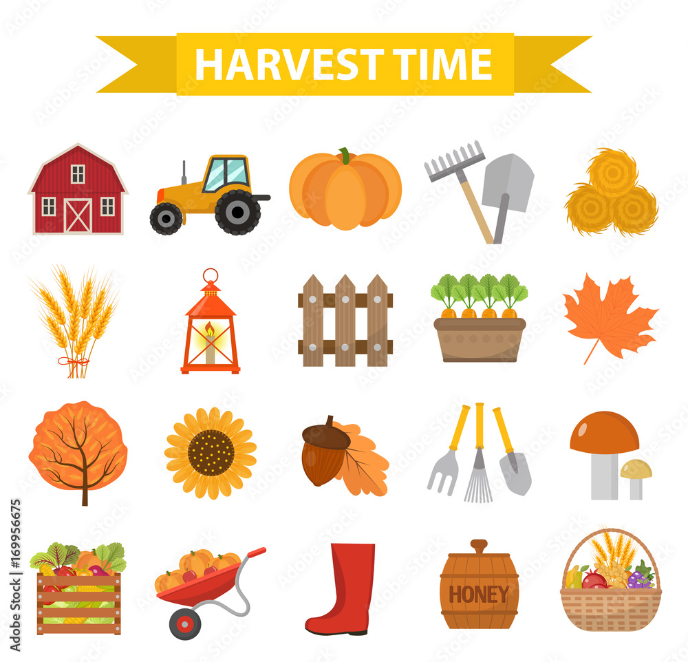 Autumn harvest time icons set flat cartoon style. Harvesting collection ...