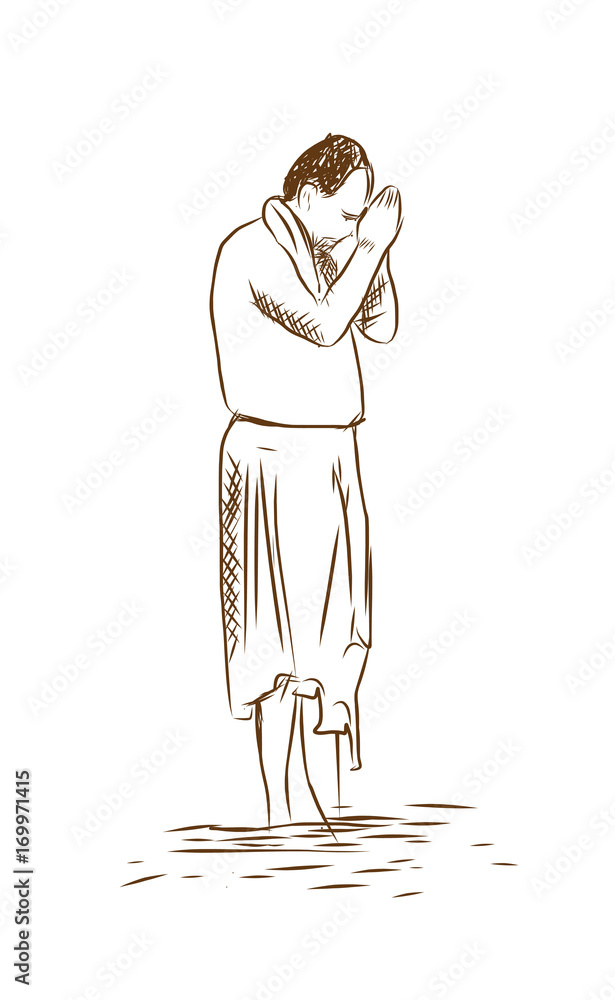 Sketch of Early Morning Prayer People bathe in the river in Varanasi ...