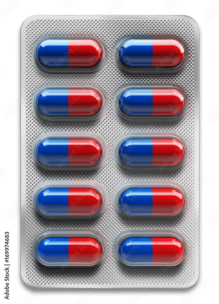 Red and blue pills in blister packaging isolated on white background ...