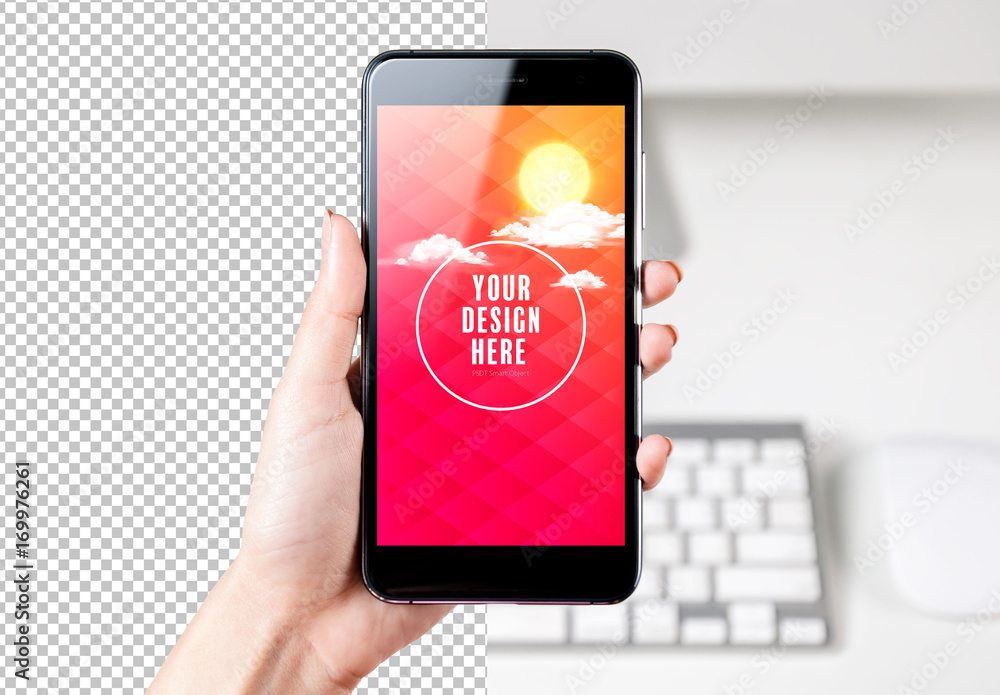 Smartphone User at Computer Mockup 2 Stock Template | Adobe Stock
