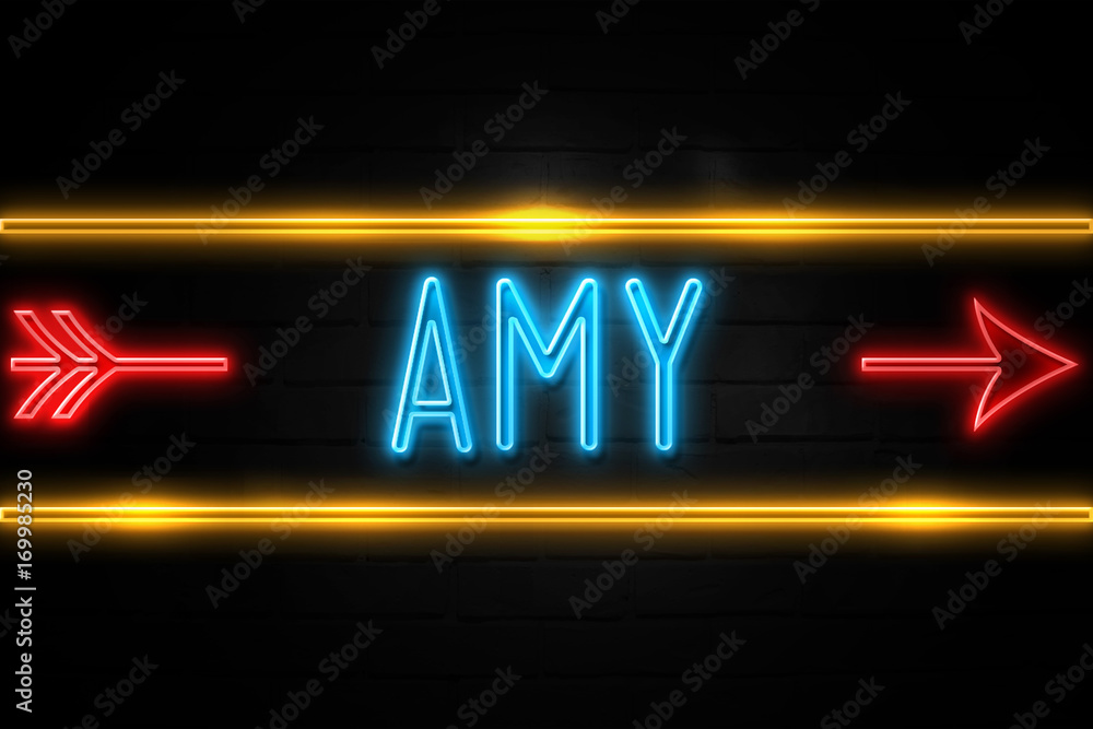 Amy - fluorescent Neon Sign on brickwall Front view Stock Illustration ...