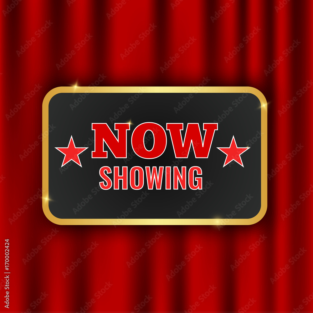 Theater sign on curtain and cinema billboard now showing. Red shiny ...