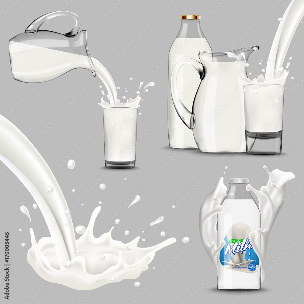 whole milk big set, pouring and splashing 3d vector realistic ...