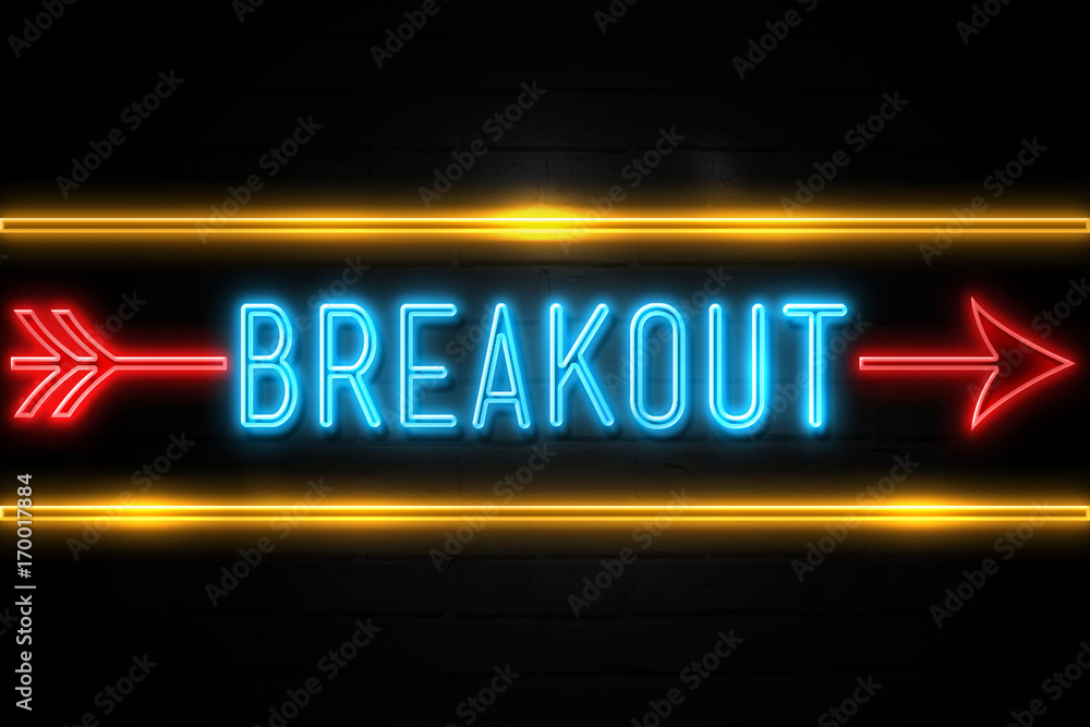 Breakout - fluorescent Neon Sign on brickwall Front view Stock ...