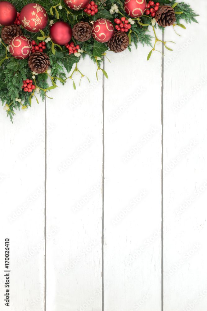 Christmas background border with red and gold bauble decorations, holly ...