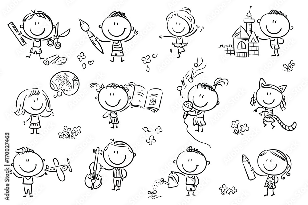 Funny cartoon kids engaged in different creative activities like ...