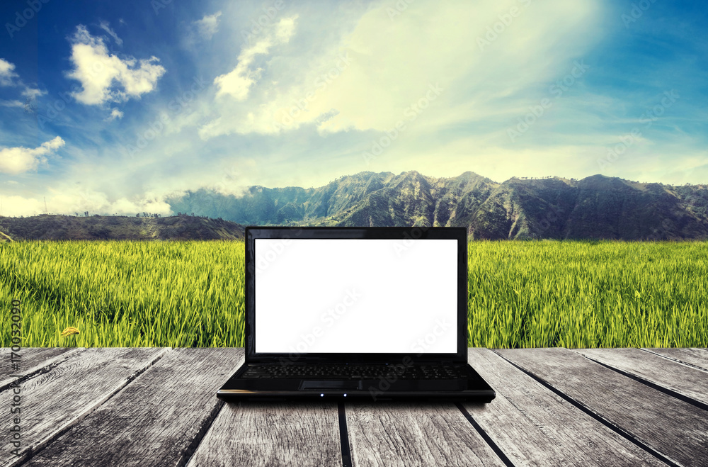 Computer laptop on wooden terrace with empty white screen, and ...
