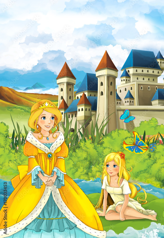 cartoon fairy tale scene with a young princess looking at some little ...