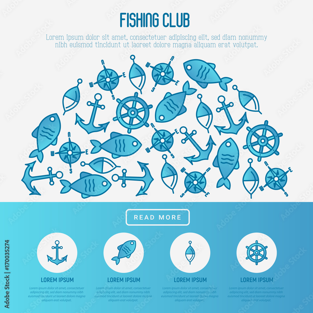 Fishing club concept in half circle with fish, bobber and anchor ...