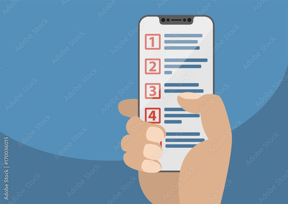 Hand holding modern bezel free smart phone. Prioritized list displayed ...