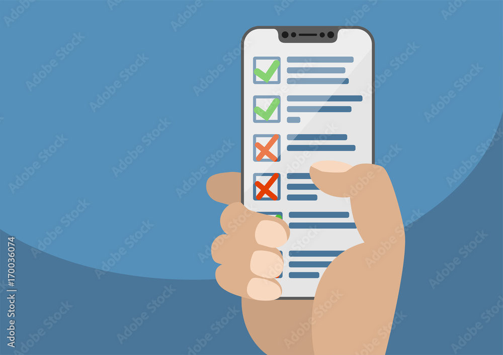Hand holding modern bezel free smartphone with checklist or task list ...