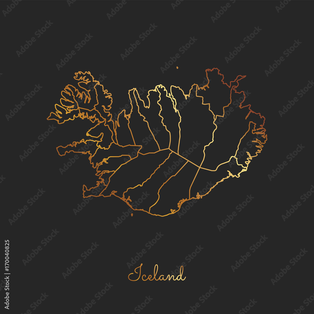 Iceland region map: golden gradient outline on dark background ...
