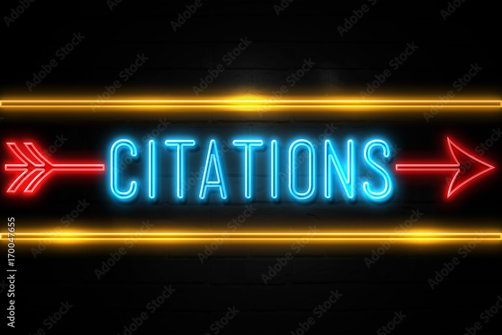 Citations - fluorescent Neon Sign on brickwall Front view Stock ...
