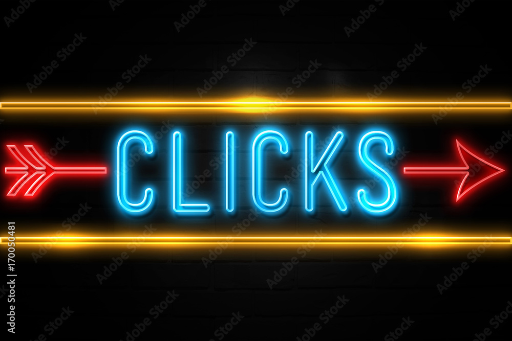 Clicks - fluorescent Neon Sign on brickwall Front view Stock ...