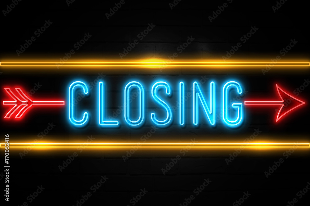 Closing - fluorescent Neon Sign on brickwall Front view Stock ...