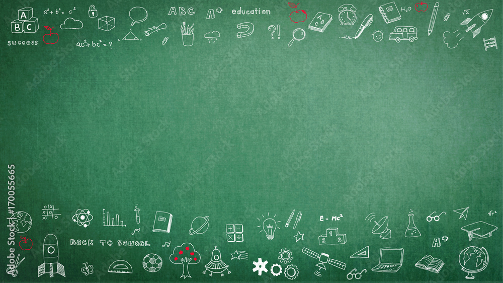 Green school teacher’s chalkboard background with doodle and blank ...