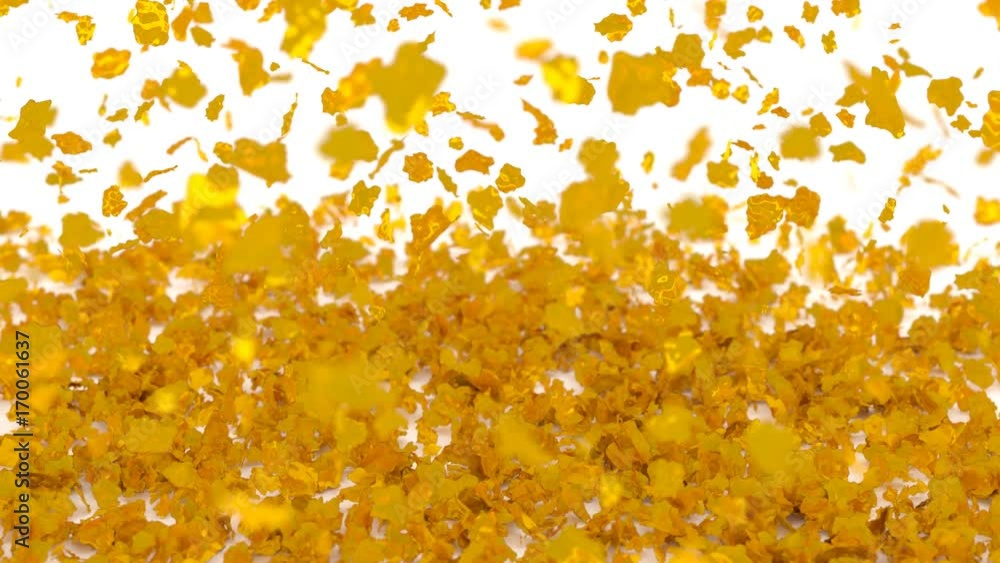 Animated falling large thin gold flakes onto white base and against ...