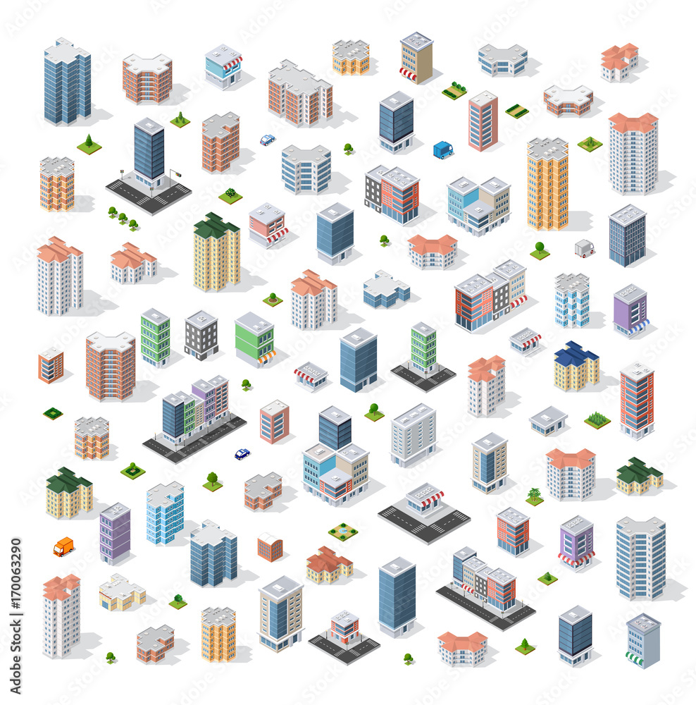 Set of modern isometric buildings Stock Vector | Adobe Stock