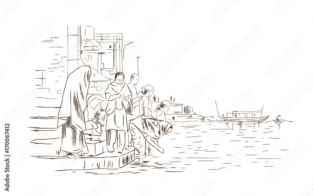 Hand drawn sketch of People on Varanasi ghat in vector. Stock Vector ...