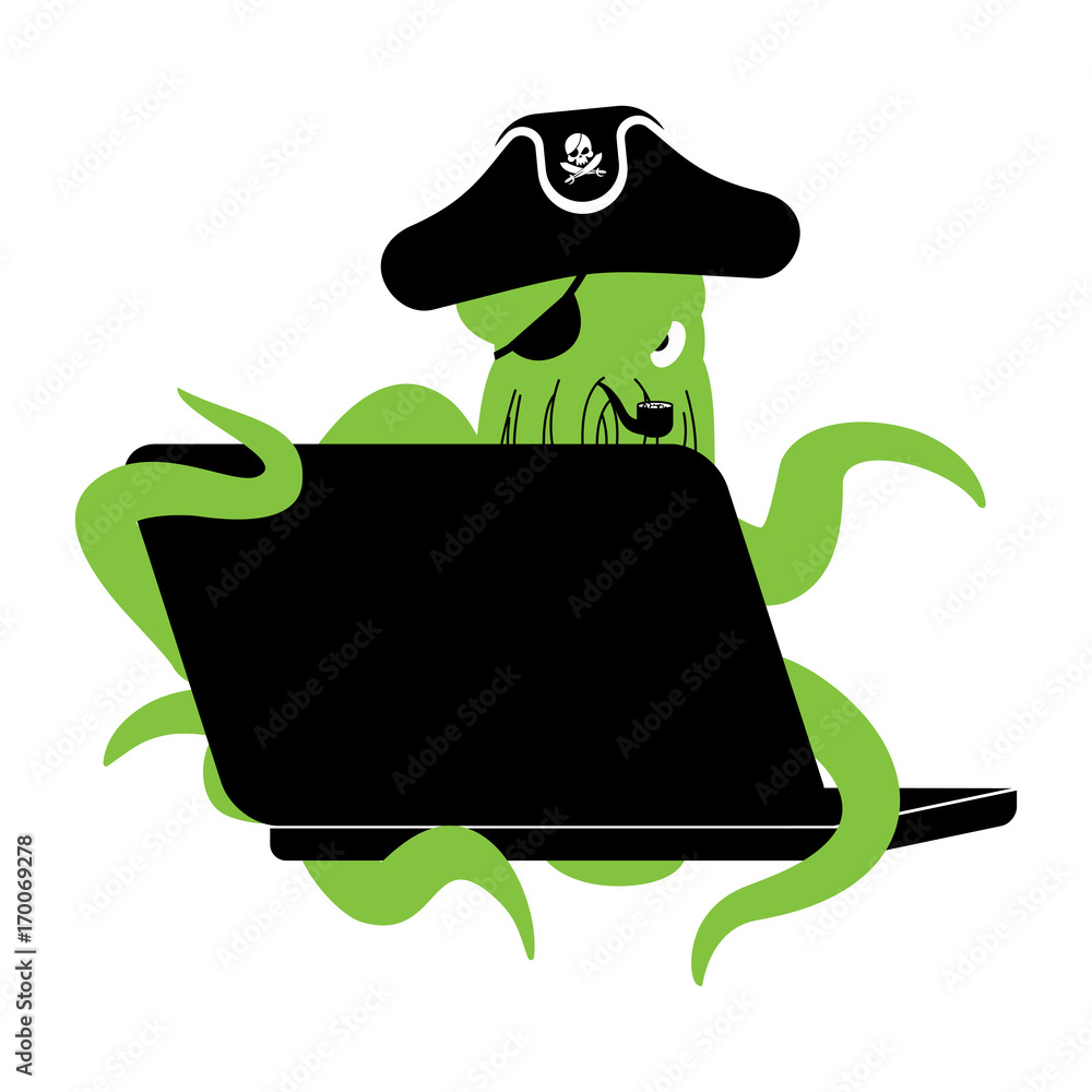 Web pirate Octopus and laptop. poulpe internet hacker and PC. devilfish ...