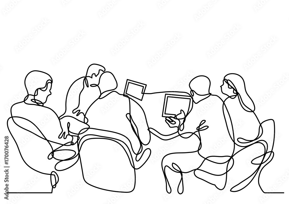 continuous line drawing of working group of team members Stock Vector ...
