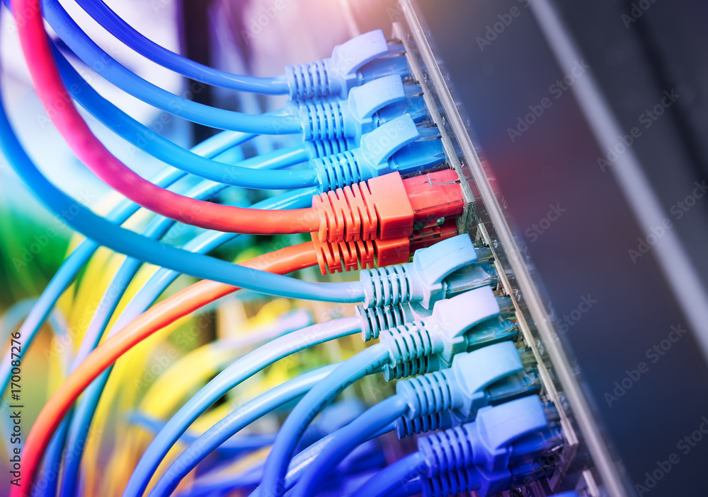 Network cables in switch and firewall in cloud computing data center ...