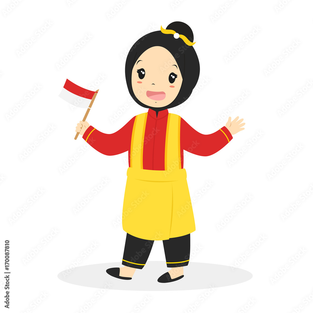 Aceh girl wearing traditional dress and holding Indonesian flag cartoon ...