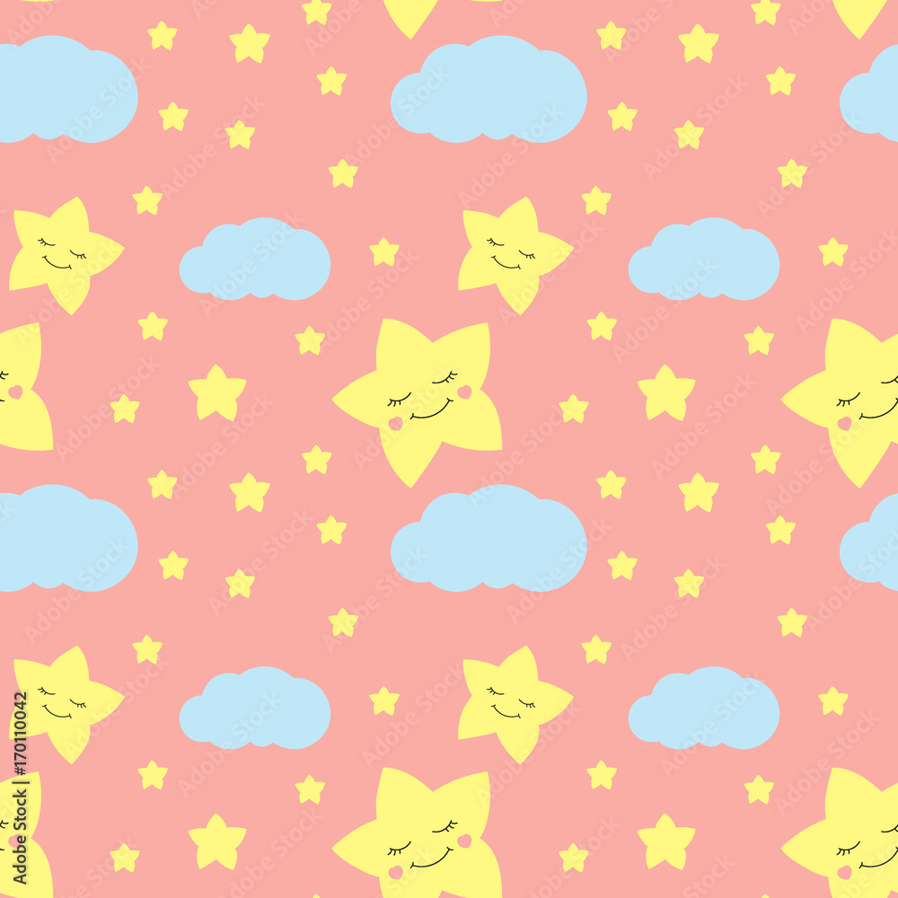 Cute baby star pattern vector seamless. Girl print with eyelash stars ...