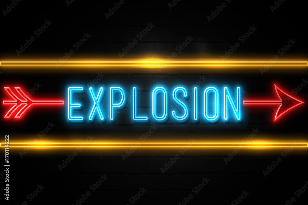 Explosion - fluorescent Neon Sign on brickwall Front view Stock ...