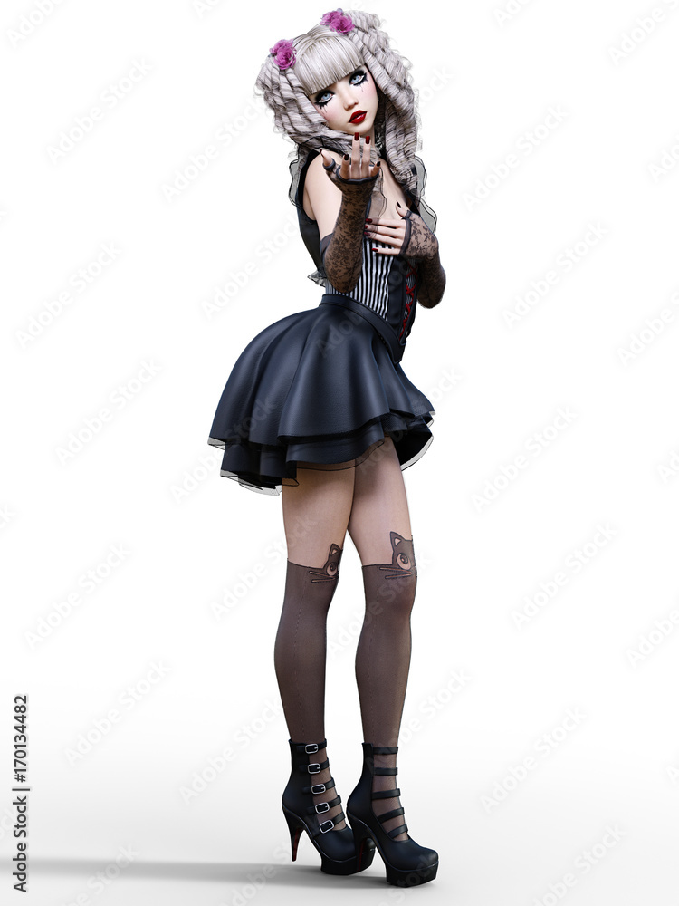Beautiful young goth woman posing photo shoot. Short black dress, dark ...