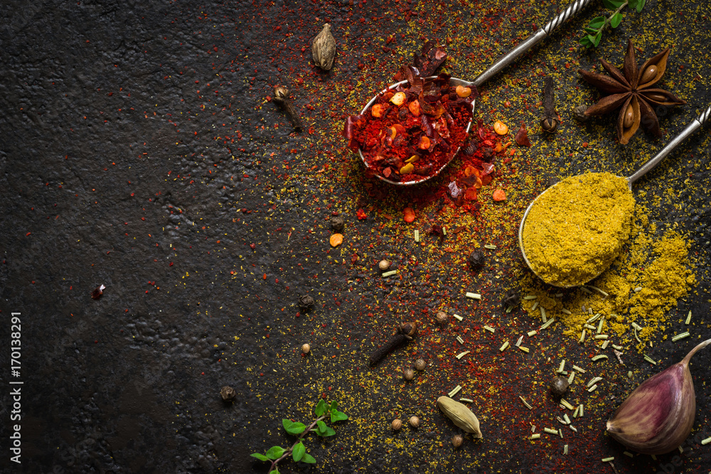 Spices food background. selection variety dry Whole and ground spices ...